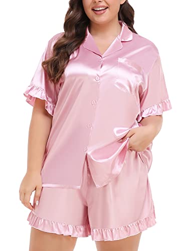 SWOMOG Womens Satin Plus Size Pajamas Silk Short Sleeve Pj Sets Ruffle Shorts 2 Piece Sleepwear Bride Soft Lounge Set 18-26W Pink