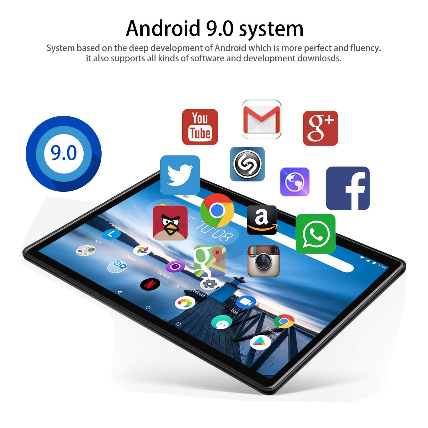 DUODUOGO Tablet 2 in 1, Tablet 10.1 inch Android 9 with Keyboard, Mouse Stylus Case, 3GB + 32GB(128GB Expand) 4G SIM+WiFi, Quad-Core Processor, HD Touch Screen, GMS Certified, DGO-A38 (Black)