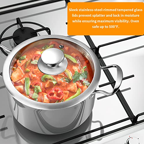 Stainless steel pot set,6 Piece Kitchen Induction Cookware Sets with Glass Lids, Stay Cool Handle, Works with Induction, Electric and Gas Cooktops, Oven Safe,Dishwasher