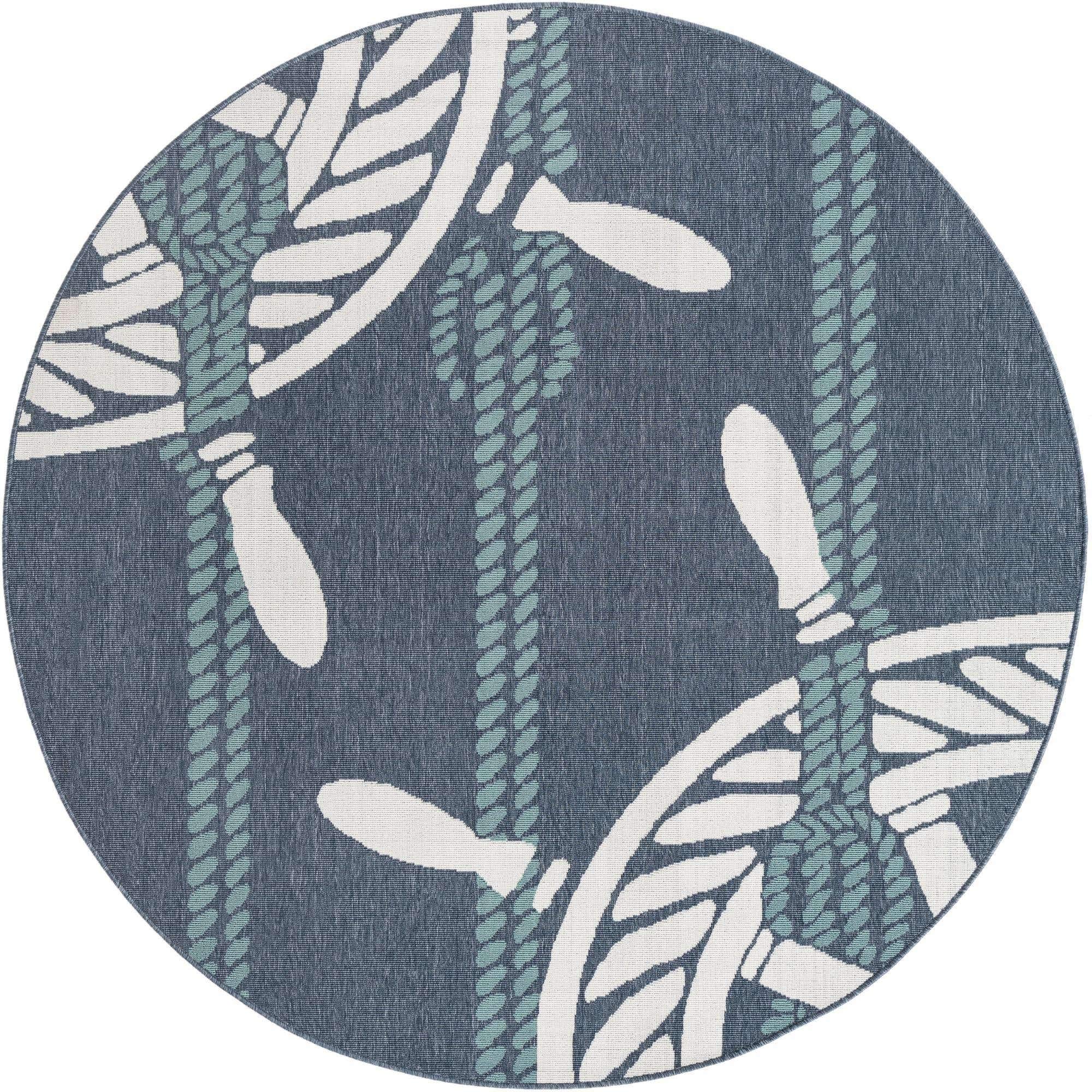 Unique Loom Outdoor Coastal Collection Area Rug - Helm (7' 1" Round, Navy Blue/ Ivory)