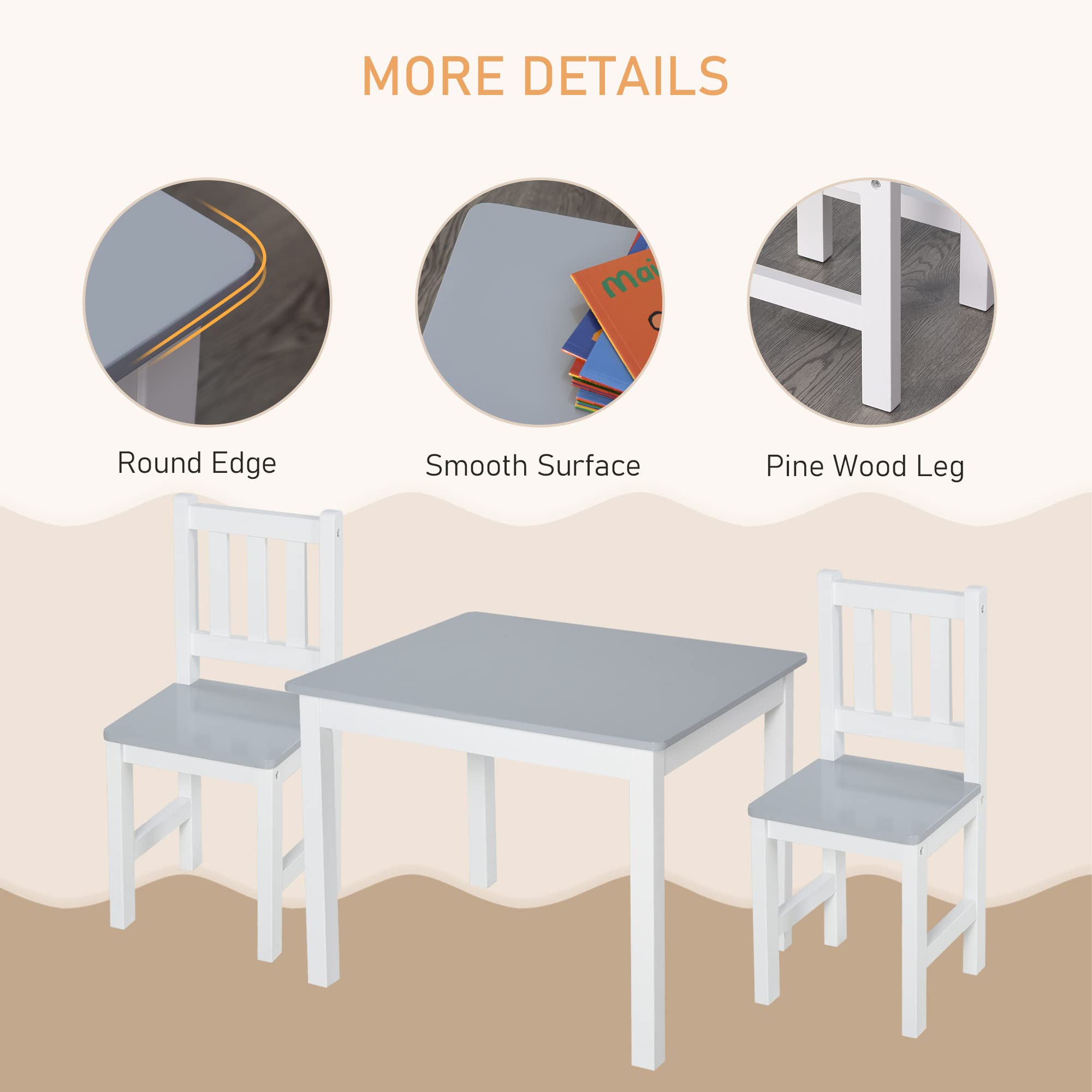 Qaba Kids 3 Piece Table and Chair Set Ideal for Arts, Meals, Lightweight Wooden Homework Activity Center, Toddlers Age 3+, Grey