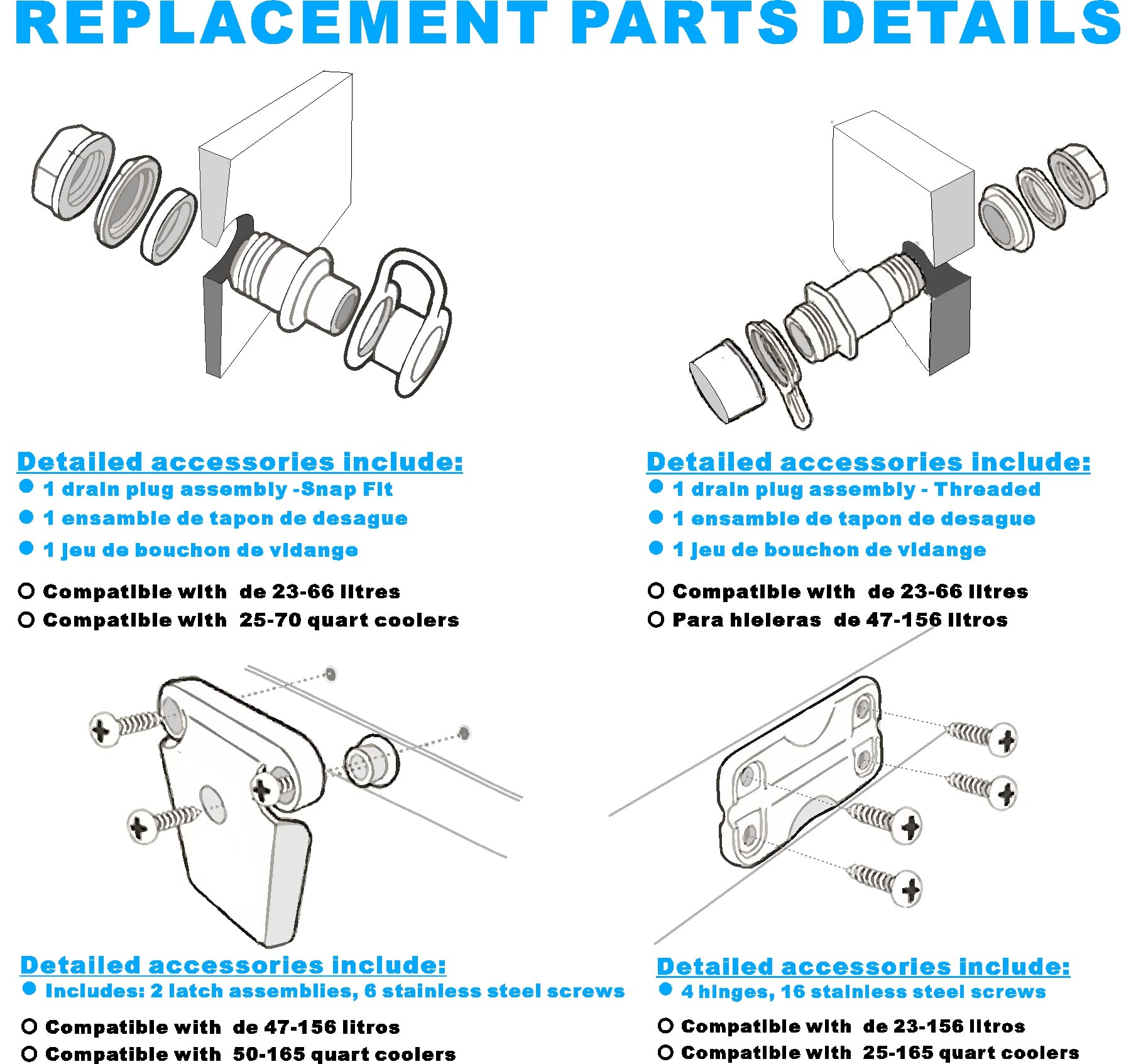 Cooler Replacement Parts Kit, Ice Chest Plastic Hinges, Latch Posts, Threaded, and Triple-Snap Drain Plug. Compatible With Igloo Cooler. Best Option for Repairing and Replacing Multiple Cooler Parts.