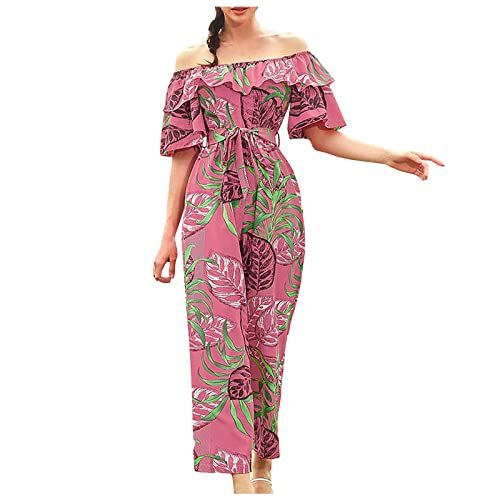 DUOWEI Women's Summer Short Sleeve Off Shoulder Floral Jumpsuit Chiffon Fashion Resort Beach Jumpsuit