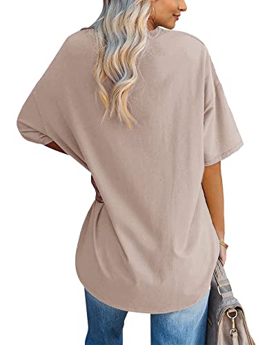 Womens Oversized Queen Of Hearts Graphic T Shirts Casual V Neck Half Sleeve Summer Loose Tees Tunic Tops Khaki