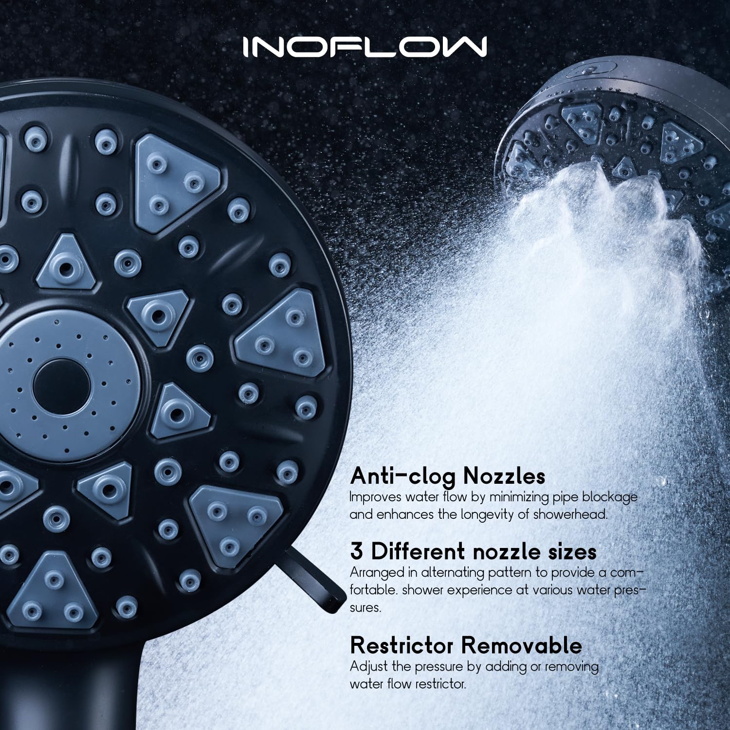 InoFlow High Pressure Filtered Shower head with Handheld 7 Modes, 5β High Flow Hand Held Hydro Rain Showerhead with 60" Stainless Steel Hose and Adjustable Bracket, Matt Black