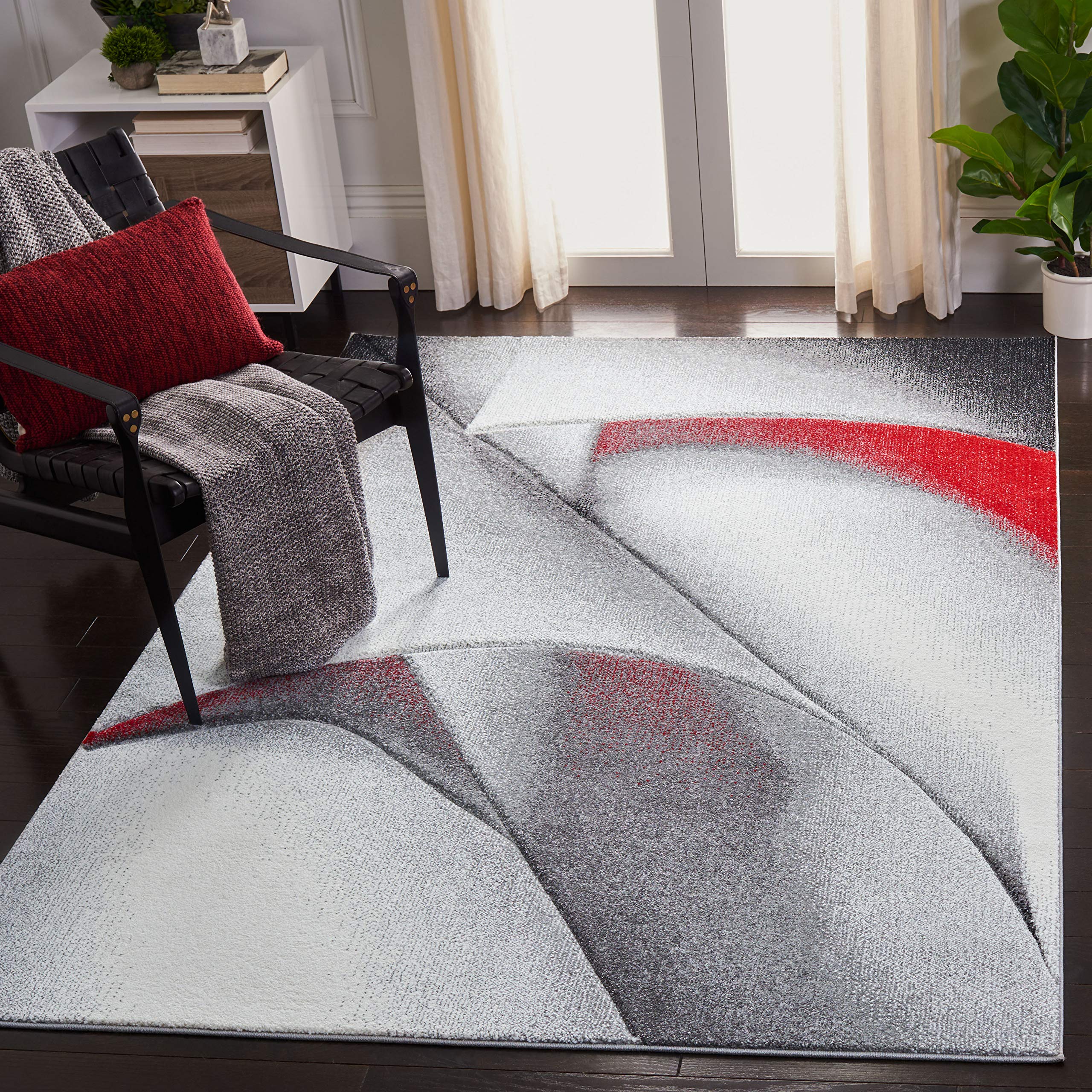 SAFAVIEH Hollywood Collection Area Rug - 5'3" x 7'6", Grey & Red, Mid-Century Modern Design, Non-Shedding & Easy Care, Ideal for High Traffic Areas in Living Room, Bedroom (HLW716Q)
