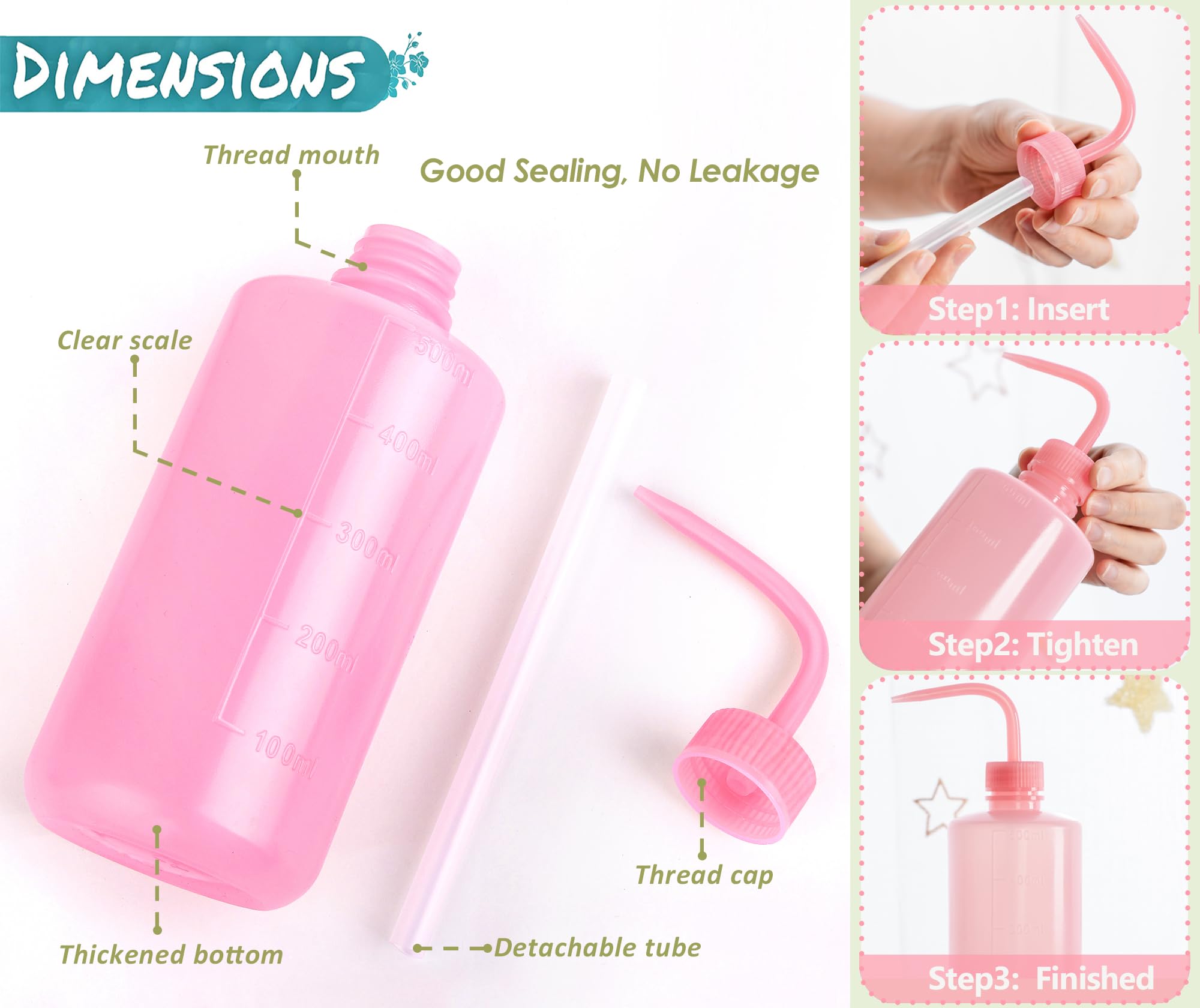 Tattoo Wash Bottle- Melphoe 2Pcs 500ml Water Squirt Bottle Succulent Watering, Safety Rinse Bottle Watering Tools, Tattoo Supplies, Irrigation Squeeze Sprinkling Can Wash Plant Bottle (Pink)