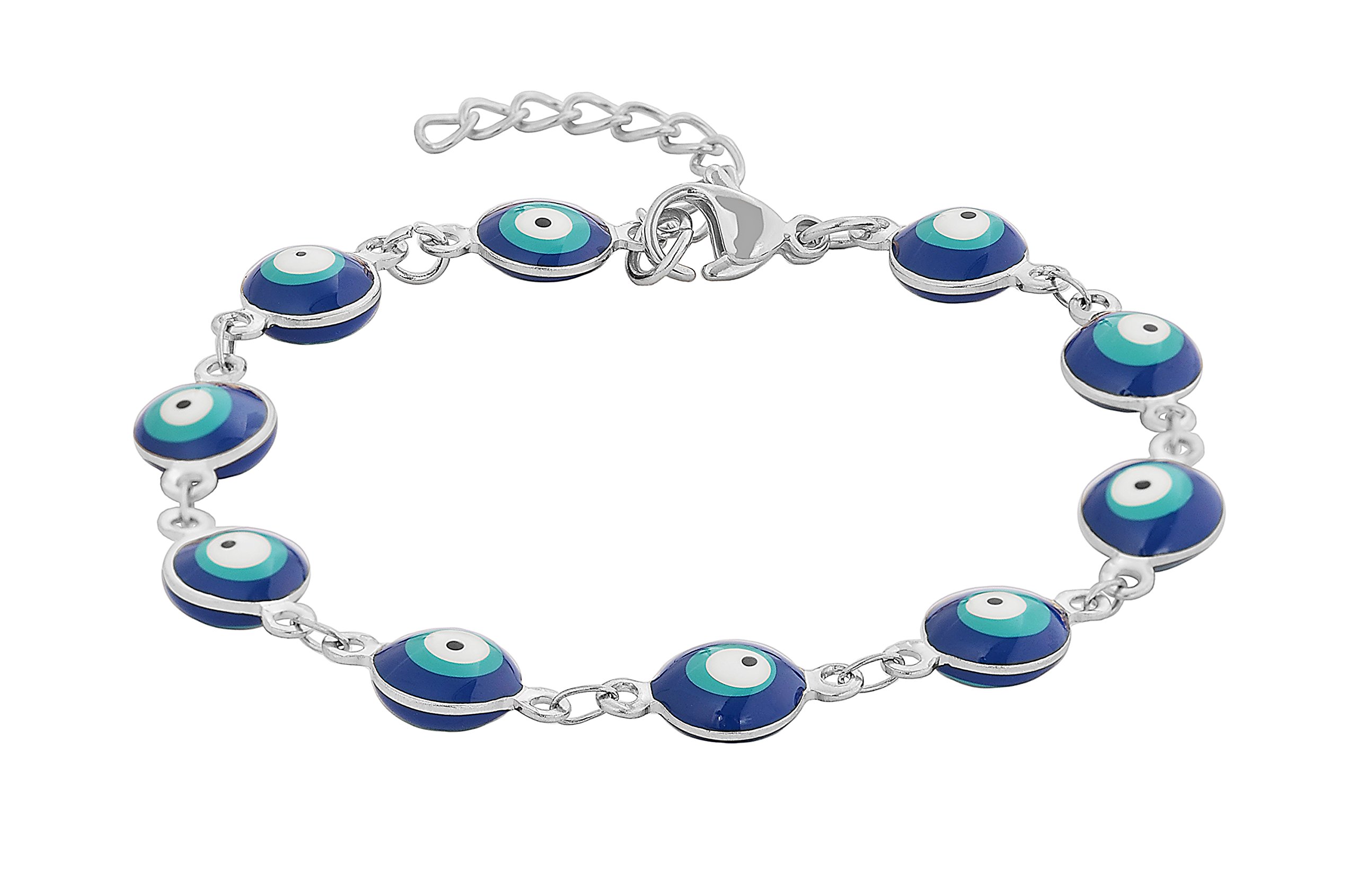 Edforce Stainless Steel Women's Charm Bracelet Green | Gold Enamel Evil Eye Protection Link Chain Adjustable, 8" (Aqua, Silver-and-Stainless-Steel)
