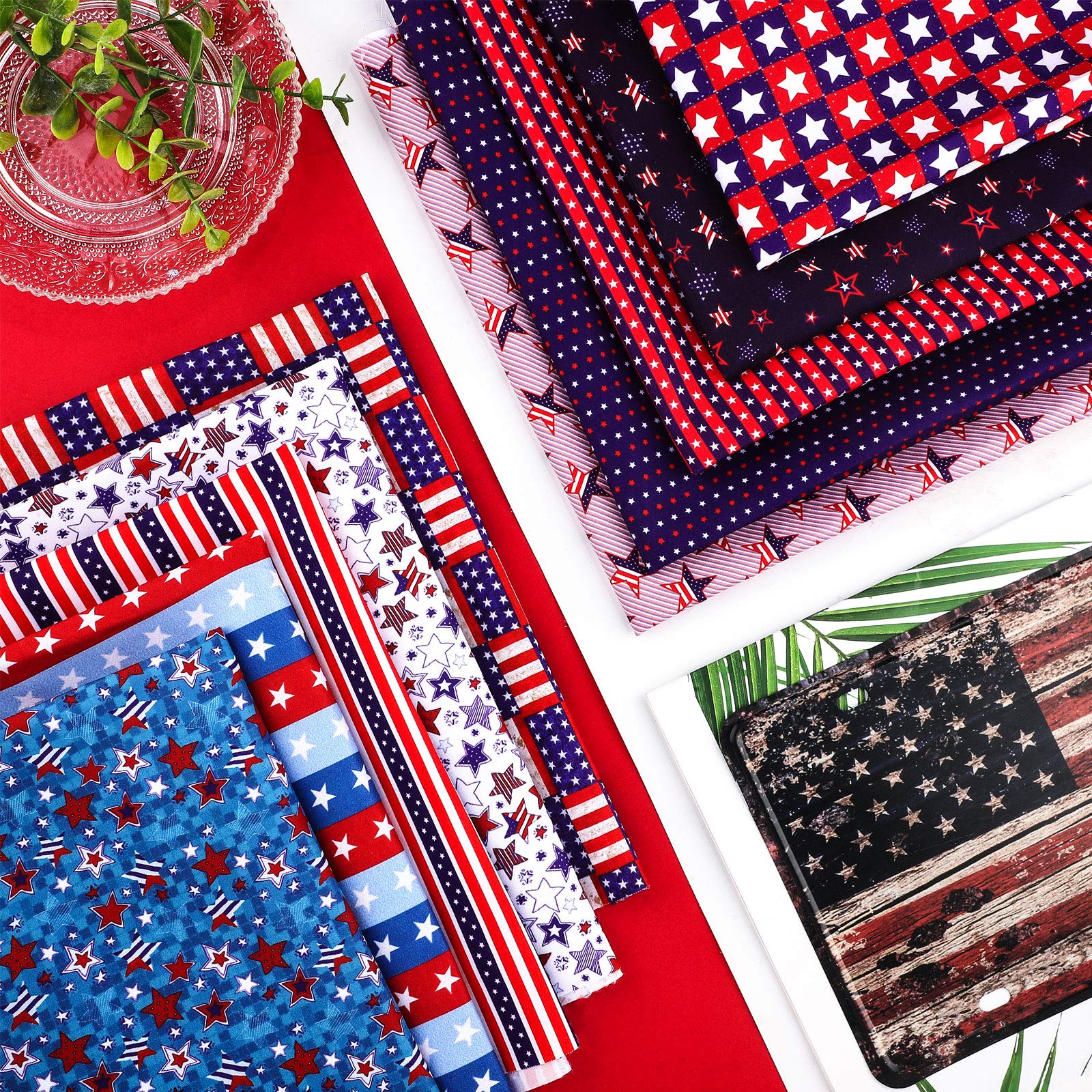 Tatuo 10 Pcs 20 x 20 in Patriotic Fabric Bundle 4th of July Quilting Fabric Memorial Day Fabric Squares Independence Day Print Fabric American Flag Pattern Polyester Cotton Fabric DIY Craft Patchwork