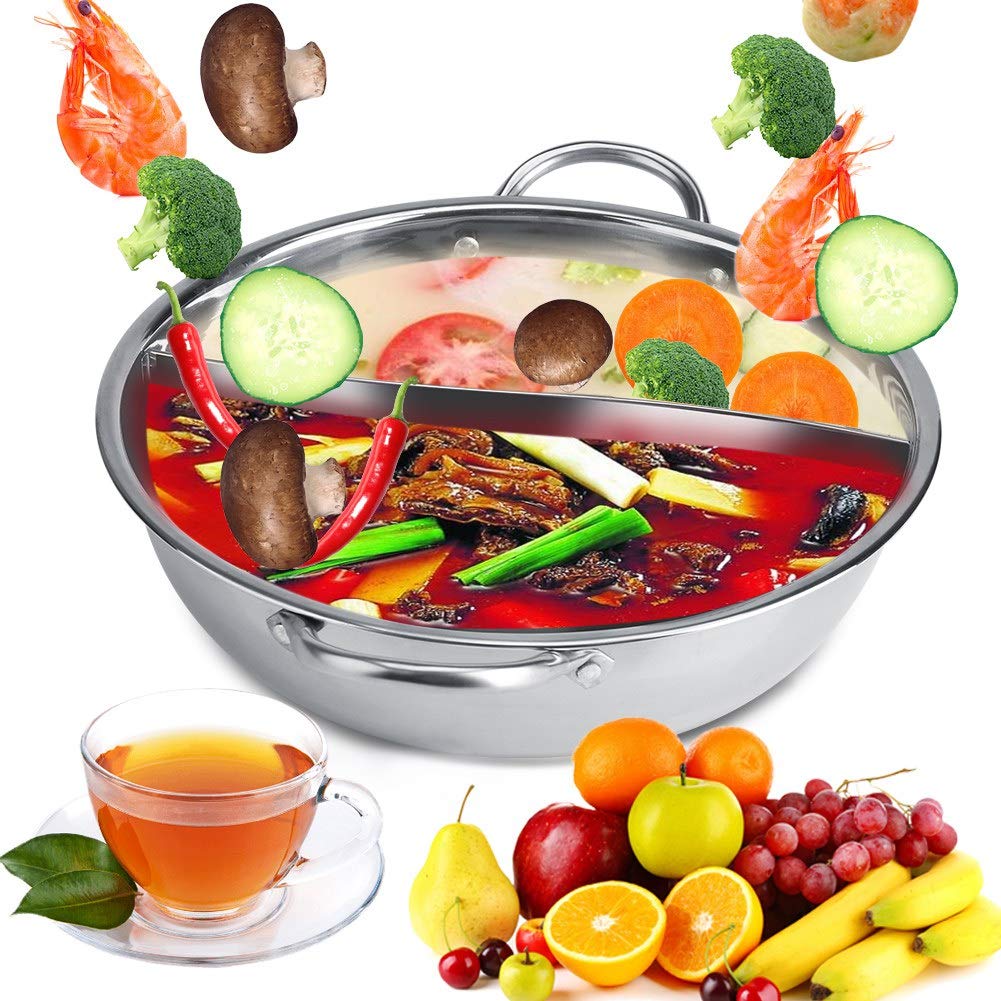 Stainless Steel Hot Pot with Divider, Thick Nonstick Hot Pot, Two Flavor Soup Pot with Hollown Handle, Induction Cooker, Gas Frunace and Log Fire Usable(29cm)