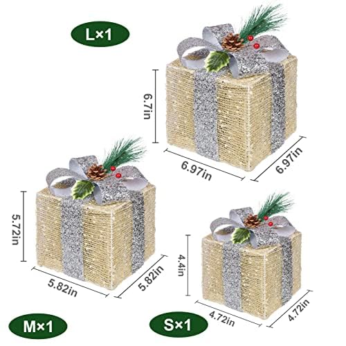 COVFEVER Christmas Lighted Gift Boxes, Pre-lit Lights Gold Linen Cloth Gift Boxes, Light up Present Boxes Set Battery Operated with Different Sizes for Holiday Indoor Outdoor Decorations