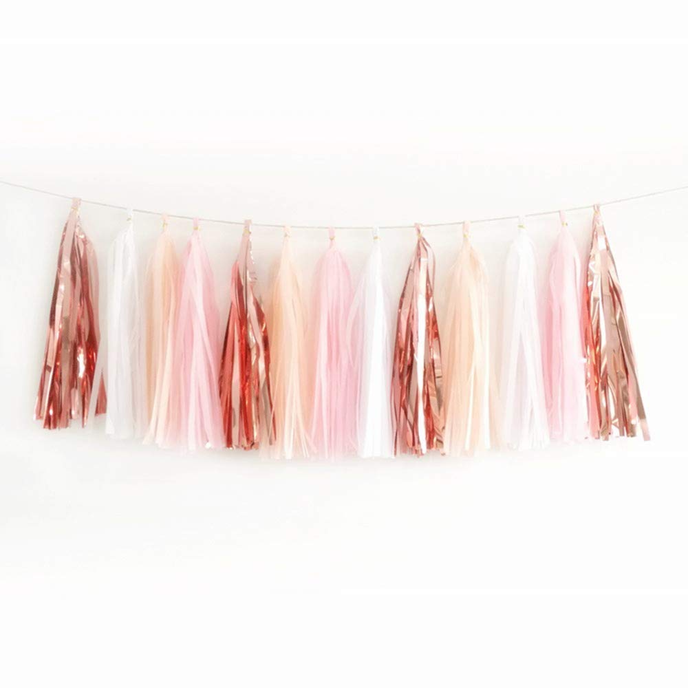 Shiny Tassel Garland Tissue Paper Tassel Banner,Table Decor,Tassels Party Decorations Supplies for Wedding,Birthday,Bridal/Baby Shower,DIY Kits,Pack of 20 - (Rose Gold/Light Pink/Peach Color/White)