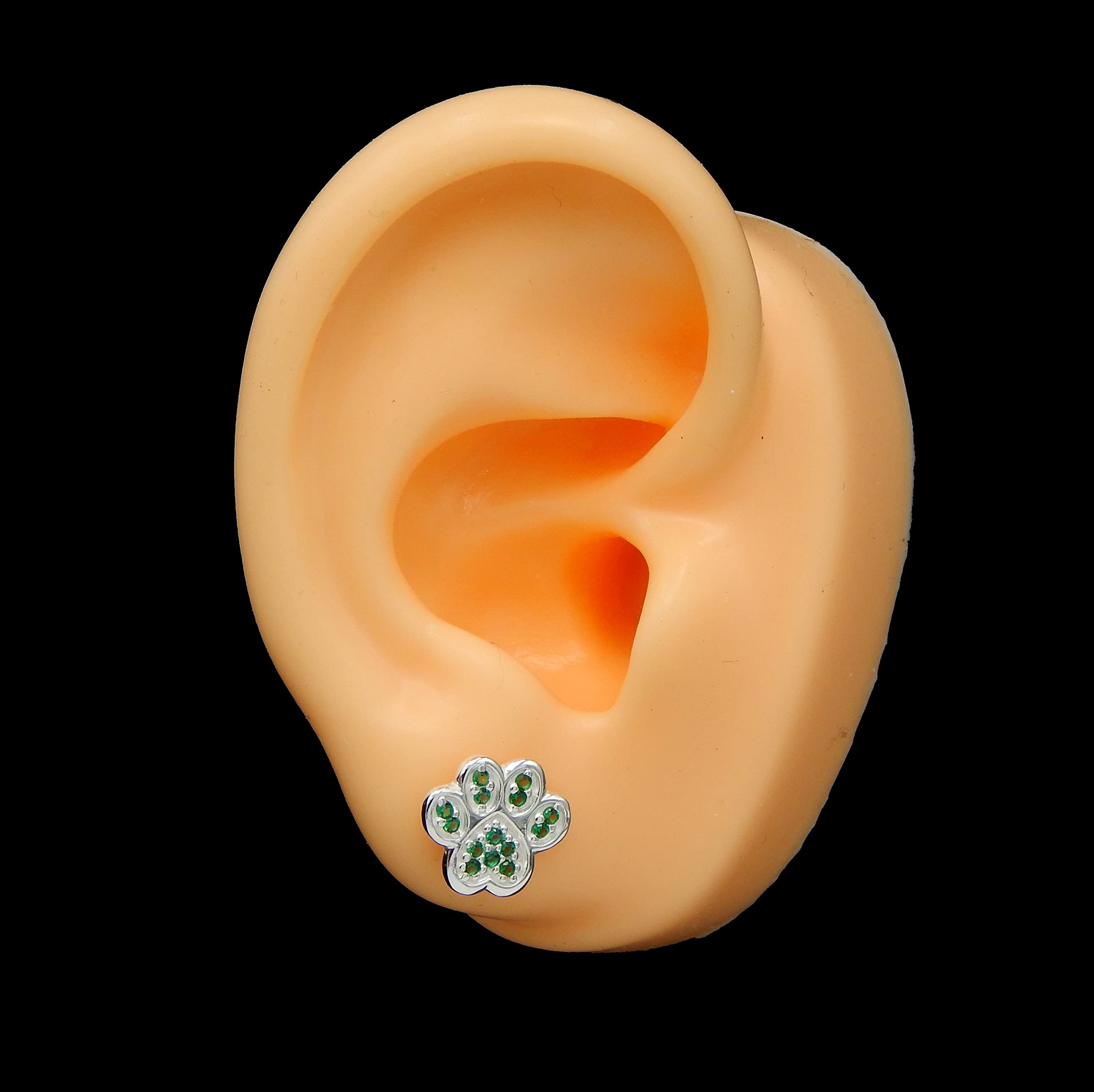 Gemstorm Solid 925 Sterling Silver Cute Paw Print Stud Earrings Screw Back with CZ Crystals Dog Cat Pet Lover (Green)
