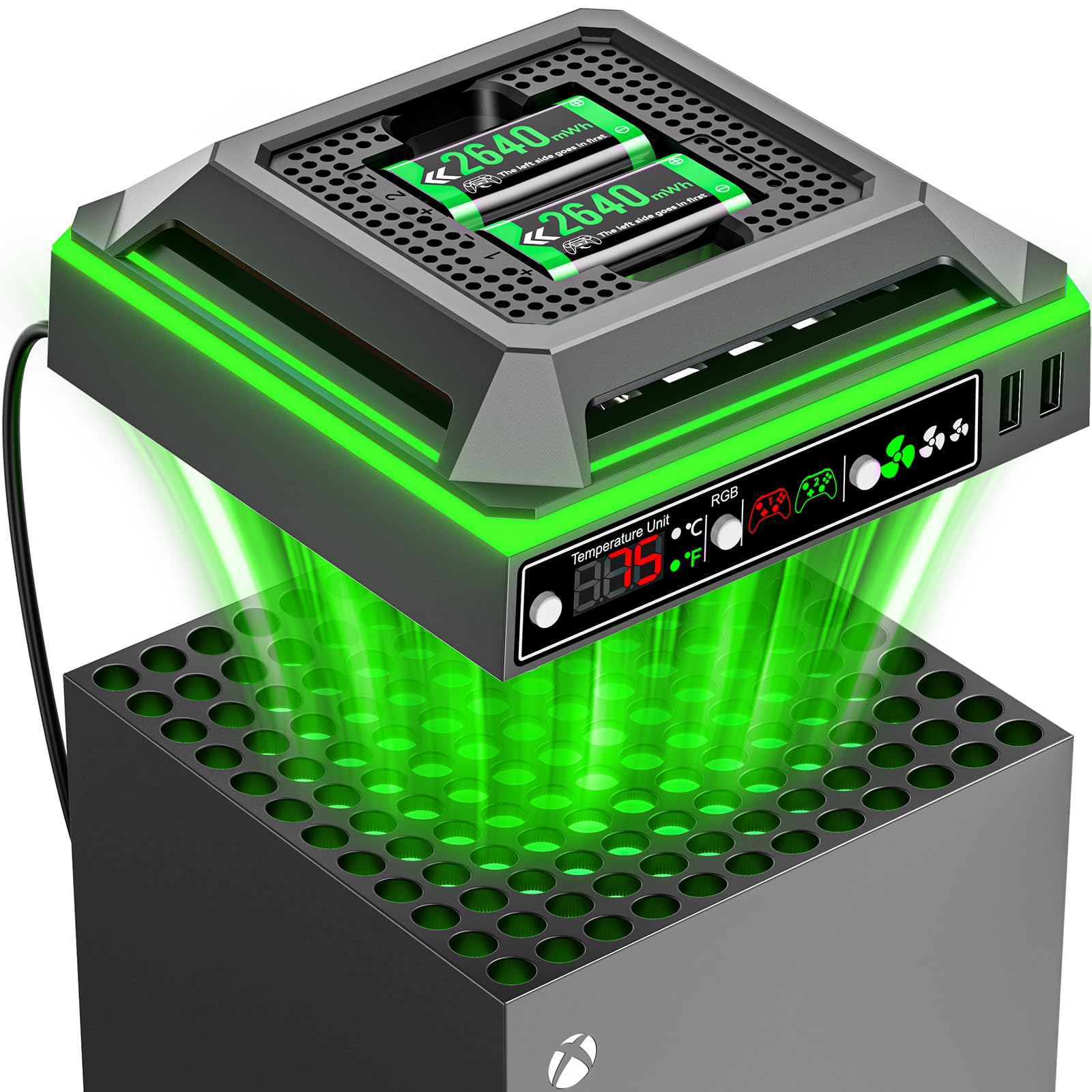Cooling Fan for Xbox Series X Console with RGB Light, Charger Station with 2 x 2640 mWh Rechargeable Battery Packs for Xbox Series/One-X/S/Elite Controller, Xbox Series X Fan with 3 Gear, TEMP Display
