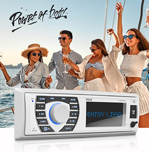 Pyle Bluetooth Marine Receiver Stereo - 12v Single DIN Style Boat In dash Radio Receiver System with Digital LCD, RCA, MP3, USB, SD, AM FM Radio - Remote Control, Wiring Harness - PLRMR23BTW (White)