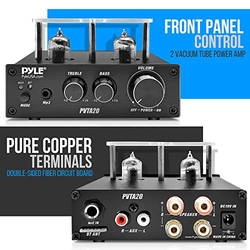Pyle Bluetooth Tube Amplifier Stereo Receiver - 600W Home Audio Desktop Stereo Vacuum Tube Power Amplifier Receiver w/ 2 Vacuum Tubes, AUX/MP3/Microphone Inputs, Pure Copper Speaker Output - PVTA20