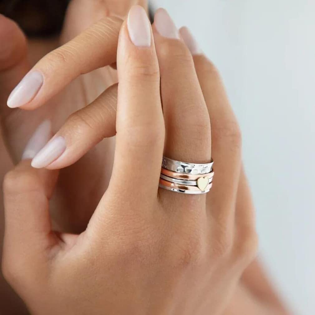 FAOYUDAWEI Self Love Spinner Heart Ring, Antique Silver Stacking Rotating Self-Love Rings Inspiration For Women Jewelry