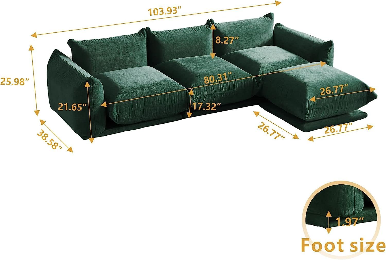 JACH 103" L-Shaped Modular Sectional Sofa, Minimalist Chenille Sofas Couches, Luxury Modern Couch with Reversible Chaise Ottoman for Living Room, Apartment, Green