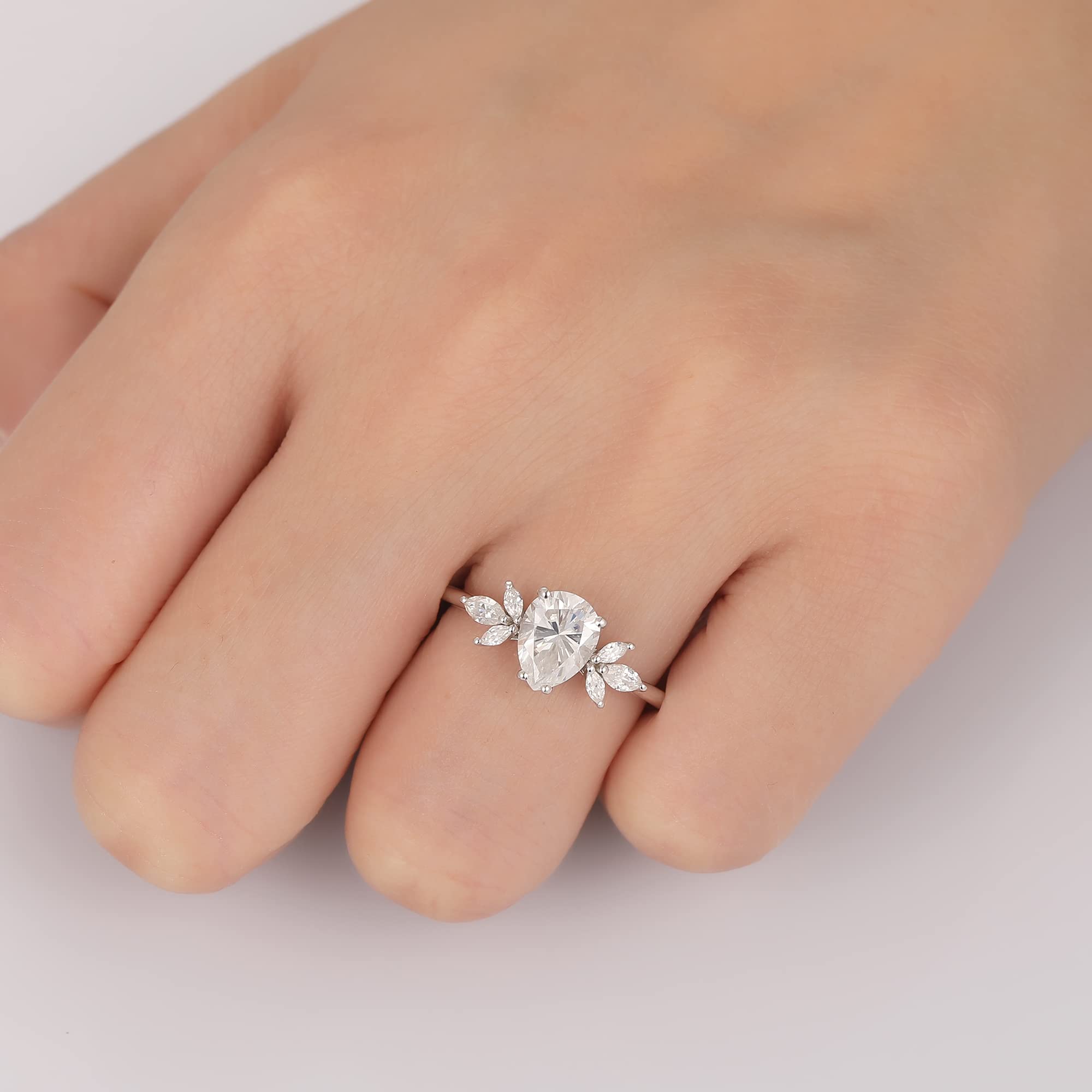 Frayerr Marquise Moissanite Cluster Ring - Gift Ring For Wife - Pear Cut 6x8mm GH VVS1 Moissanite Engagement Ring - 925 Sterling Silver Prong Set Women Ring - Anniversary Ring (6.5)