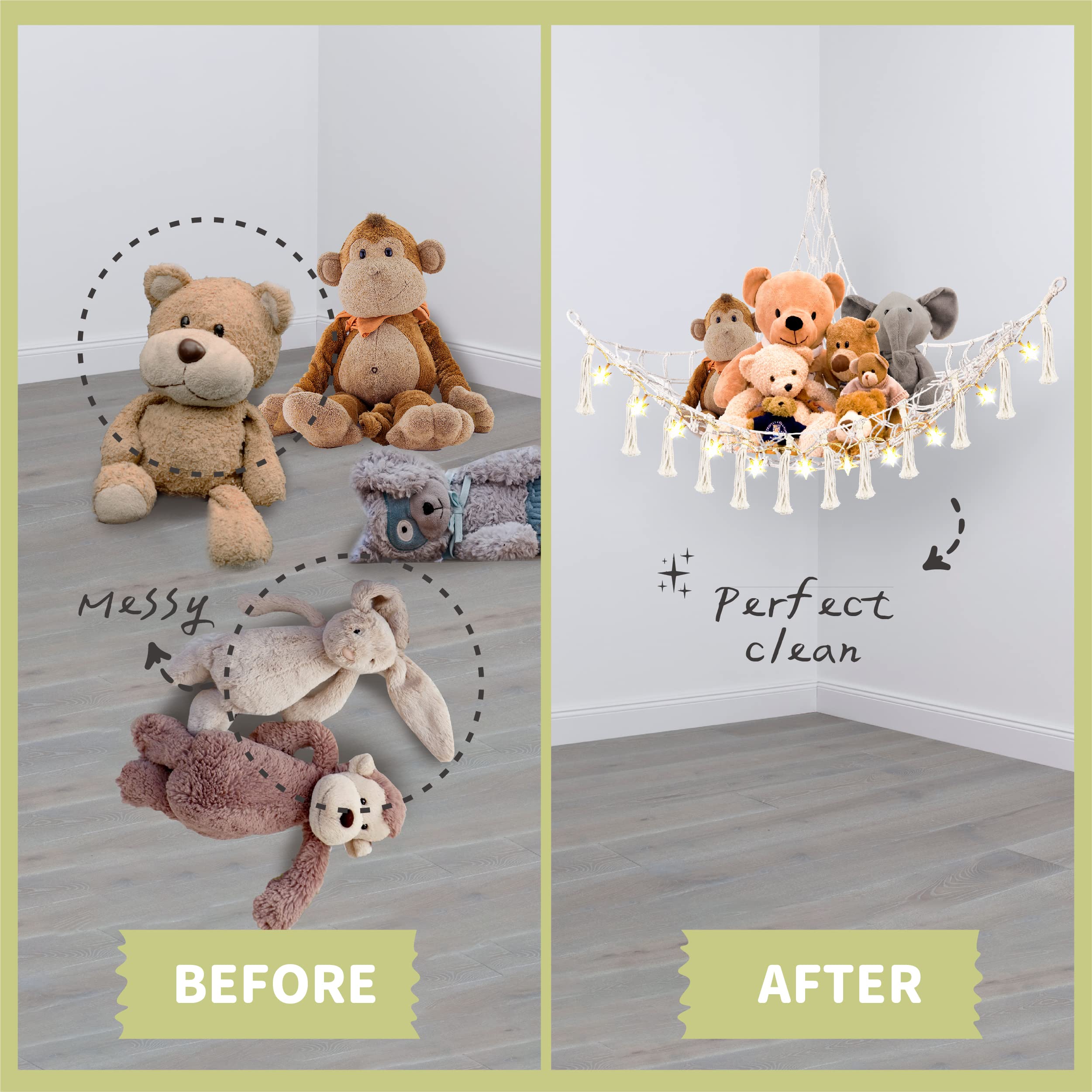 UNKENBO Stuffed Animal Storage Hammock - Macrame Toy Hammock with Photo Clips, Star String Lights, Space Saving Hanging Corner Stuffed Animal Net or Hammock, Boho Kids Bedroom Decor (Cream)