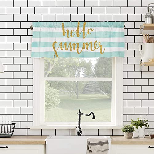 Vograud Valances for Windows, Hello Summer Gold Round Spots on Blue and White Stripes Rod Pocket Kitchen Curtains Valances, Short Window Valances for Living Room Bathroom 42β x 18β