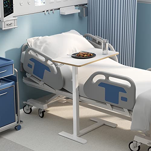 SANODESK Medical Adjustable Overbed Bedside Table with Hidden Casters, Pneumatic Mobile Laptop Computer Standing Desk Cart with Tray, Hospital and Home Use(27.6" W x 15.7" D, White)