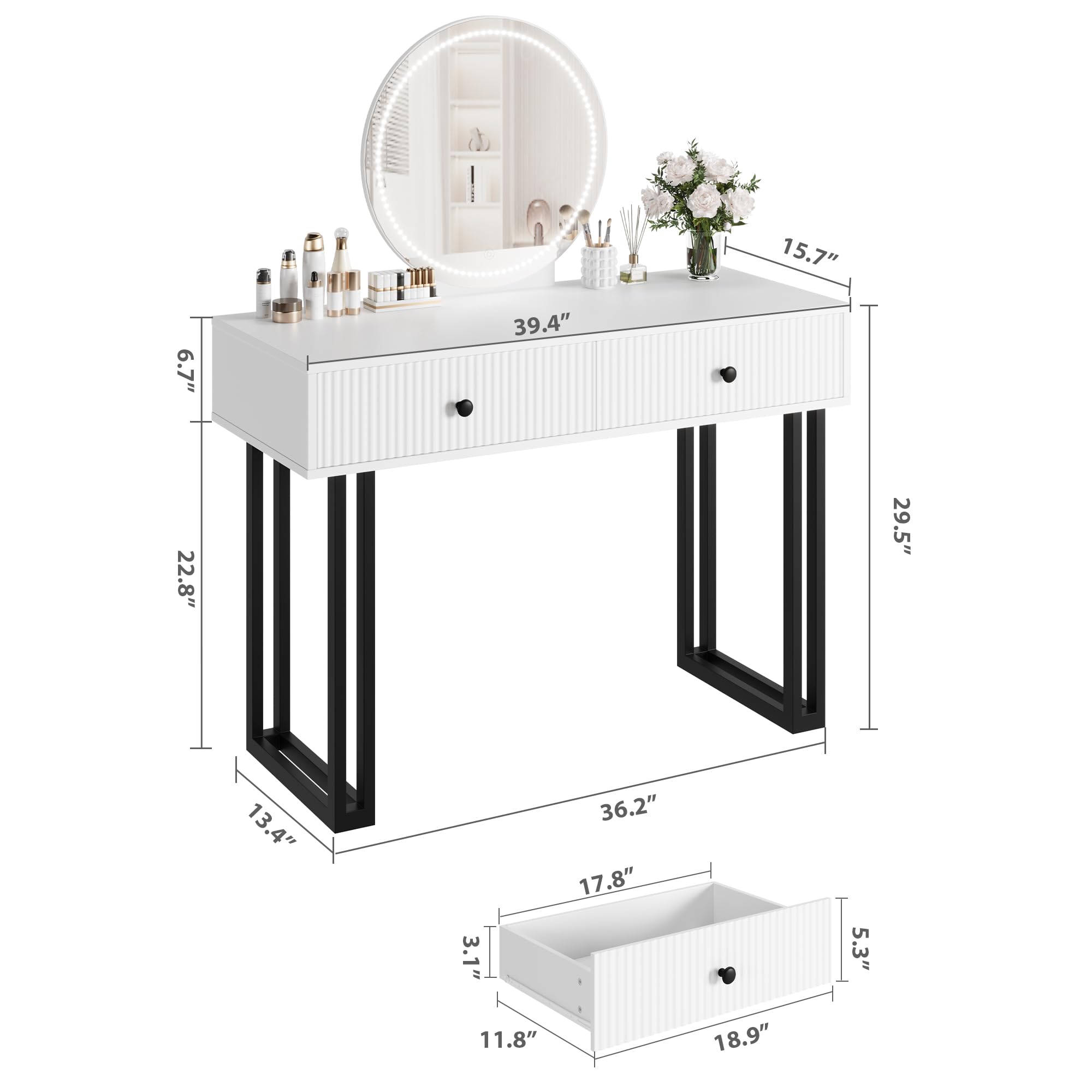 GarveeHome Vanity Desk with Mirror and Lights, Small Makeup Vanity with 2 Drawers, Modern Vanity Organizer with 3 Color Lights&Adjustable Brightness, Dressing Table for Bedroom, White