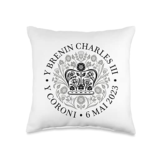 Kings Coronation 2023 Merchandise Brenin Y Coroni British King III Charles Memorabilia Wales Welsh Emblem Mens Throw Pillow, 16x16, Multicolor