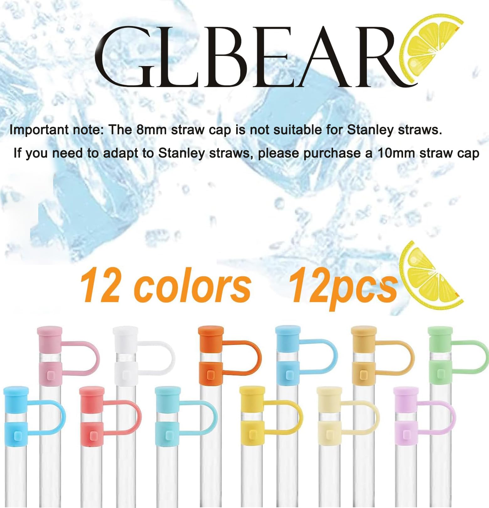 GLBEAR 12Pcs Silicone Straw Tips Cover, 8mm Reusable Straw Covers, Dust-Proof Straw Toppers,Straw Covers Cap Accessory,Straw Covers Cap,12 Colors (8mm)