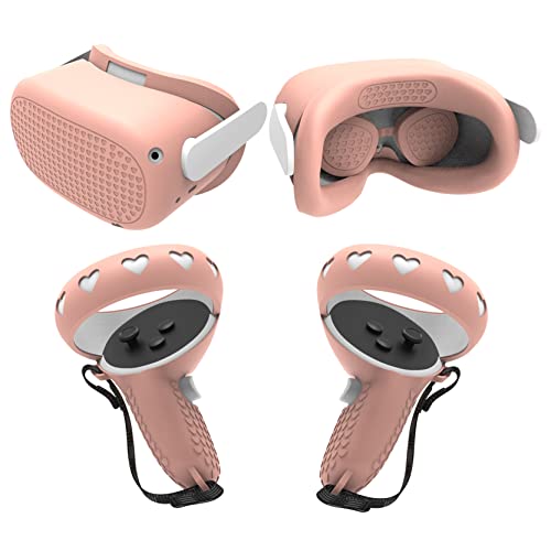 HEIXIAOYU VR Enclosure External Protective Cover For Oculus Quest 2 Accessories, Quest 2 VR Silicone Face Cover, VR Shell Cover,Quest 2 Touch Controller Grip Cover,Protective Lens Cover, (Pink)