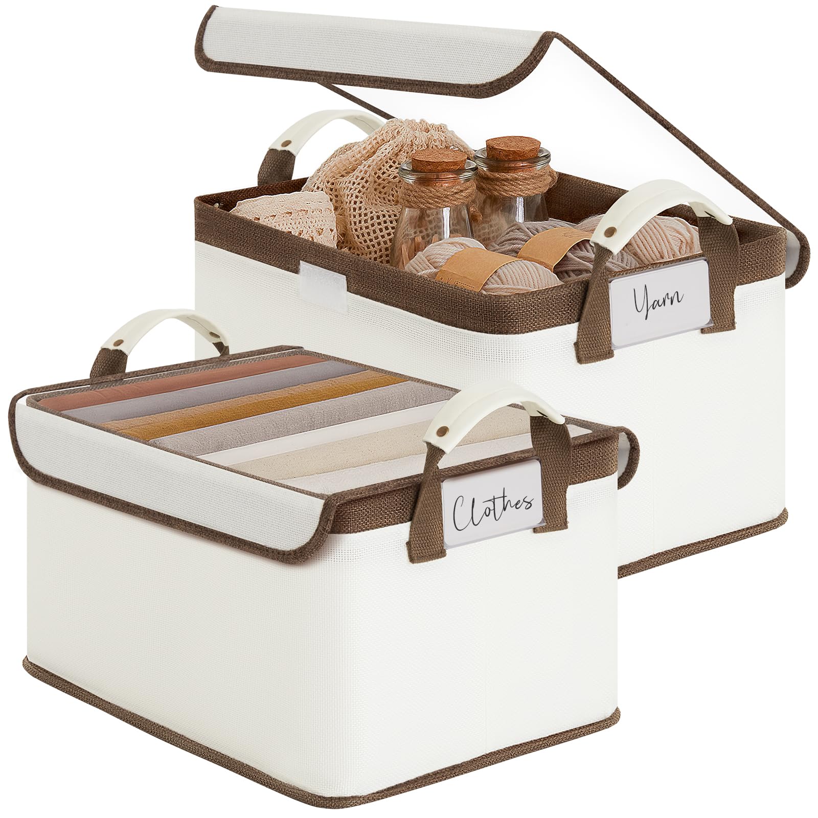 LoforHoney Home Storage Bins with Lids, Large Storage Basket with Handles for Shelves, Foldable Fabric Storage Box with Metal Frame for Home,Office, Beige,2-Pack