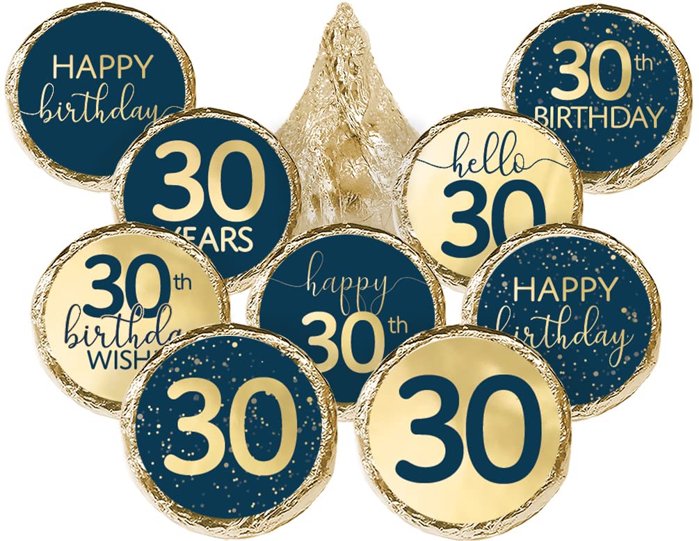 Navy Blue and Gold 30th Birthday Party Favor Chocolate Kisses Candy Stickers - 0.75 in. Round - 180 Labels