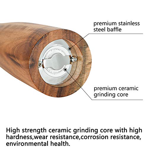 Wooden Salt and Pepper Grinder set, Acacia Wood salt and pepper grinders refillable,pepper mill with Adjustable Coarseness,salt and pepper grinders shaker Tableware Gifts 10" 2PC