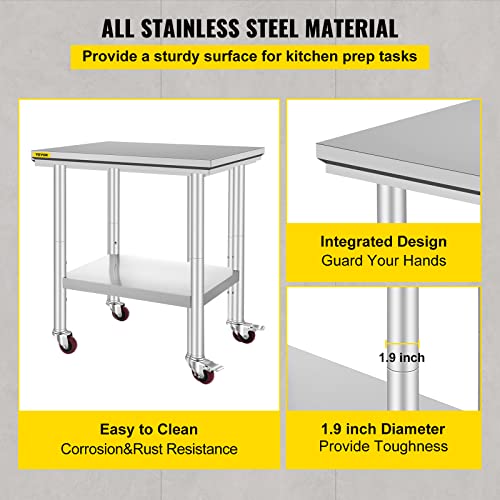 Mophorn Stainless Steel Work Table with Wheels 24 x 30 x 33.8 Inch Prep Table with 4 Casters Heavy Duty Work Table for Commercial Kitchen Restaurant Business