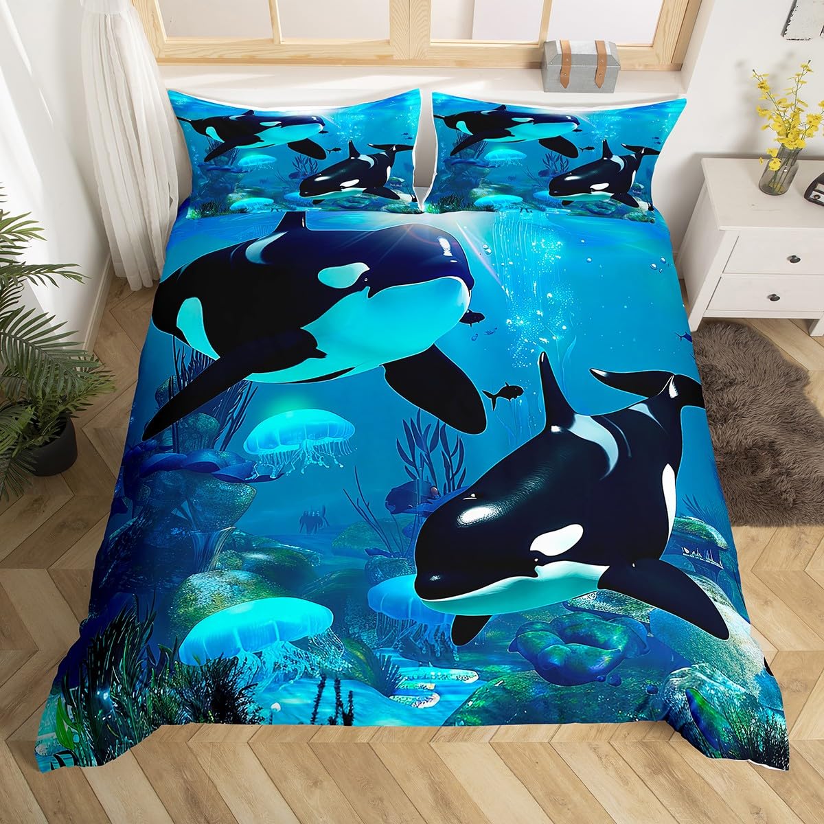 Teal Ocean Whale Comforter Cover Jellyfish Killer Whale Bedding Sets The Underwater World Duvet Cover Set Orcinus Orcas Deep Sea Animals Marine Life Bedspreads Cover With 2 Pillow Cases Full Size