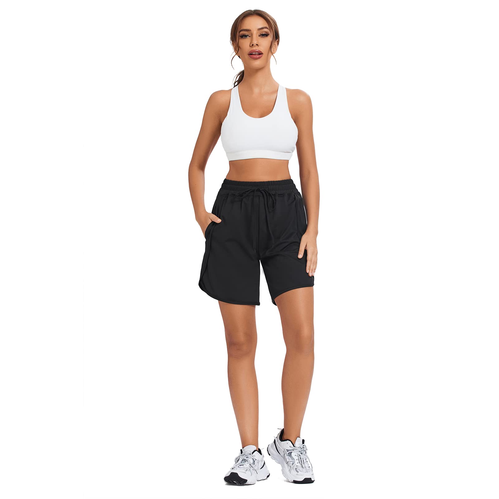FREE DUCK Women's 7" Running Shorts Quick Dry Summer Drawstring Athletic Shorts for Women with Pockets Workout Hiking Travel Golf Active (Medium, Black)