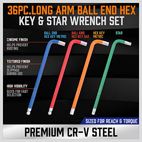 HORUSDY Hex Key Allen Wrench Set, SAE & Metric Star Long Arm Ball End Hex Key Set, Industrial Grade Allen Wrench Set