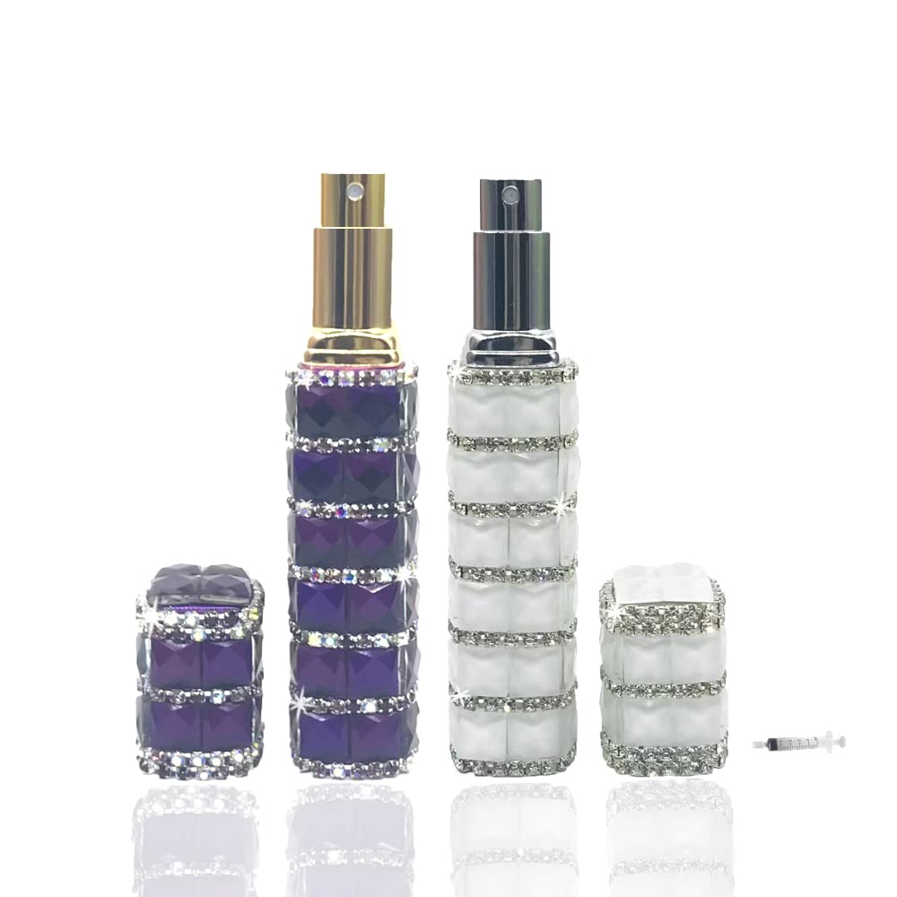 KEBOOT Rhinestone Empty Portable Spray Bottle, Mini Perfume Refillable Bottle Travel, Shiny Crystal Spray Essential Oil Bottle for Outgoing 12 ml (White and Purple)