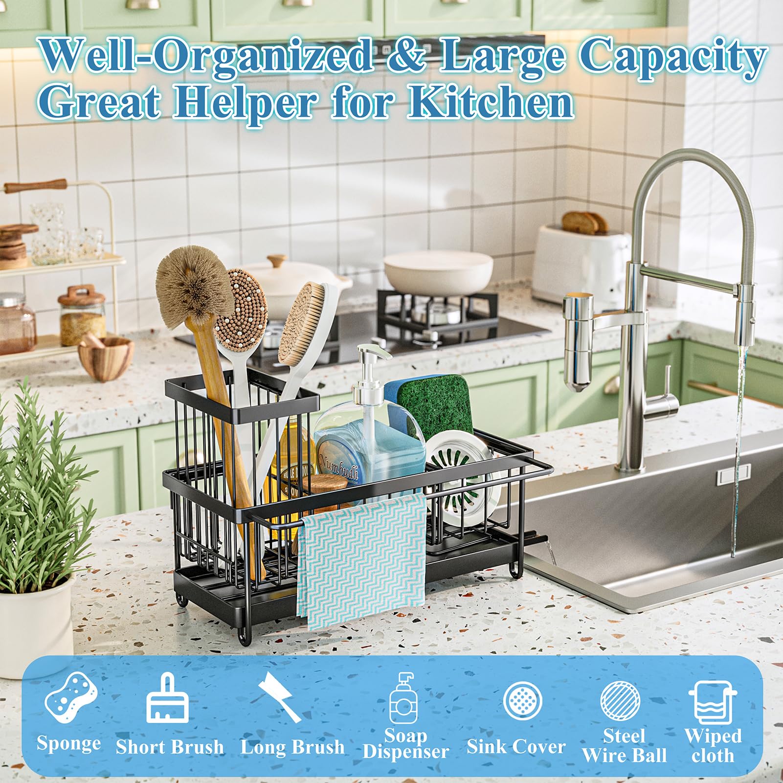 Spoge Holder for Kitchen Sink - Sink Caddy with Long Brush Holder & Divider, SUS304 Stainless Steel Kitchen Sink Organizer, Dish Soap Dispenser Kitchen Organization and Storage Accessories