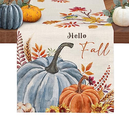 Thanksgiving Fall Table Runner 120 Inches Long, Cotton Linen Kitchen Dinner Table Runners Decorations, Burlap Tablerunner for Dresser/Dining/Party/Wedding, Vintage Autumn Pumpkin Maple Leaves 13"x120"