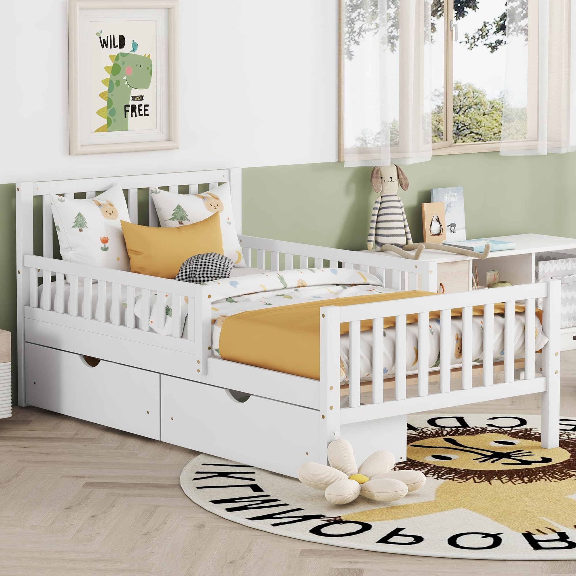NCKMYB Kids Twin Bed with Guardrails, Low Platform Bed with Headboard and Footboard, White Children Bed Frame with 2 Drawers for Boy Girl