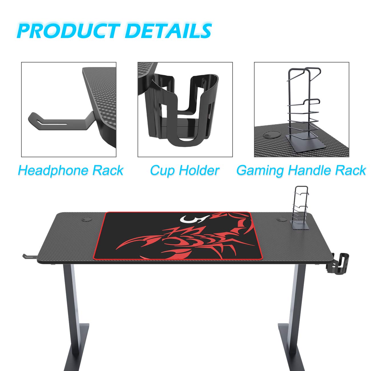 DlandHome 55 inches Gaming Desk, Large PC Gaming Table Computer Desk Workstation Racing Table E-Sports PC Desk with Cup Holder & Headphone Hook Powerful Cabling Management PC Desk, I55, Black