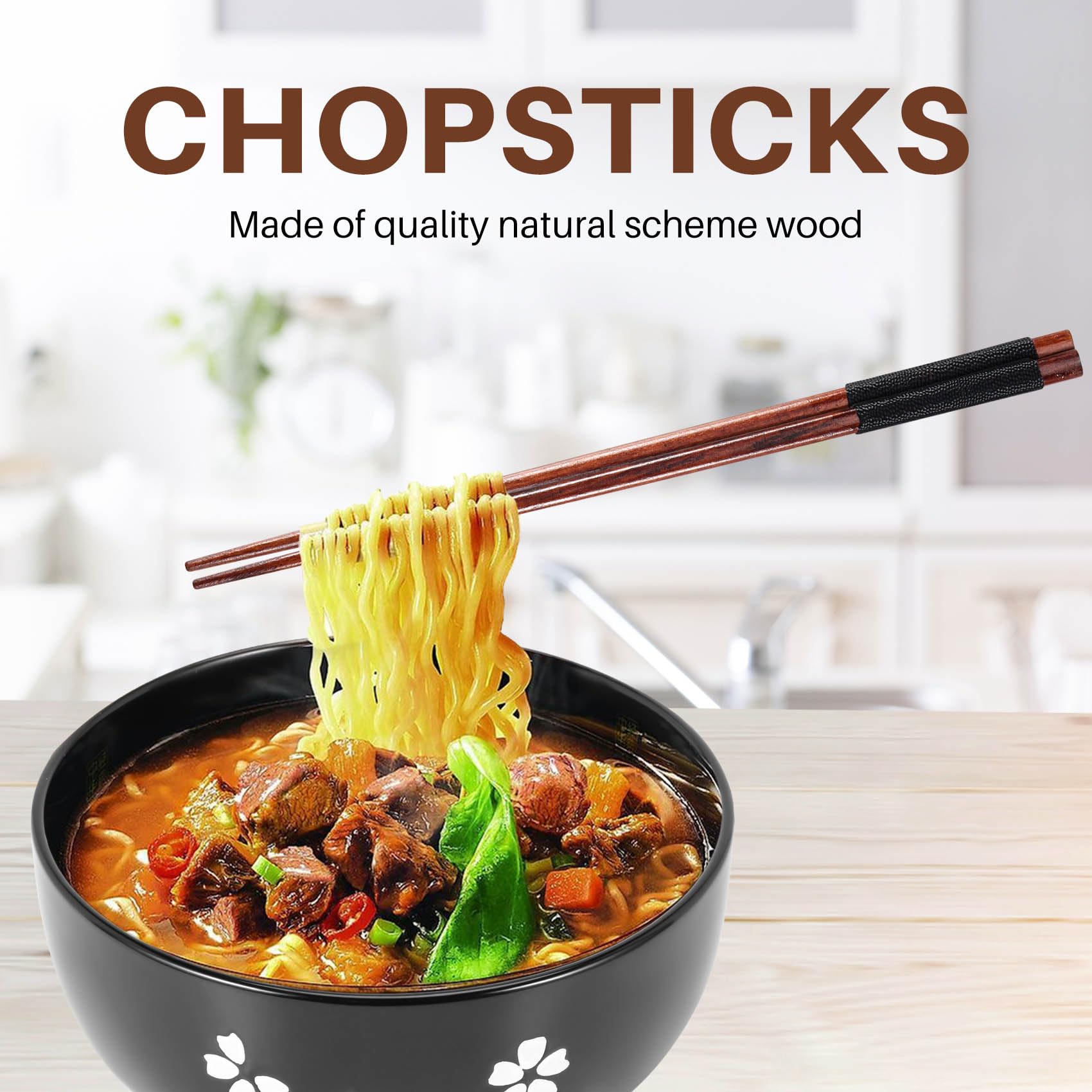 Lizusidtsy Wooden Flatware Set, Wooden Portable Set Chopsticks Spoon Fork Tableware Dinnerware with Black Twining Thread