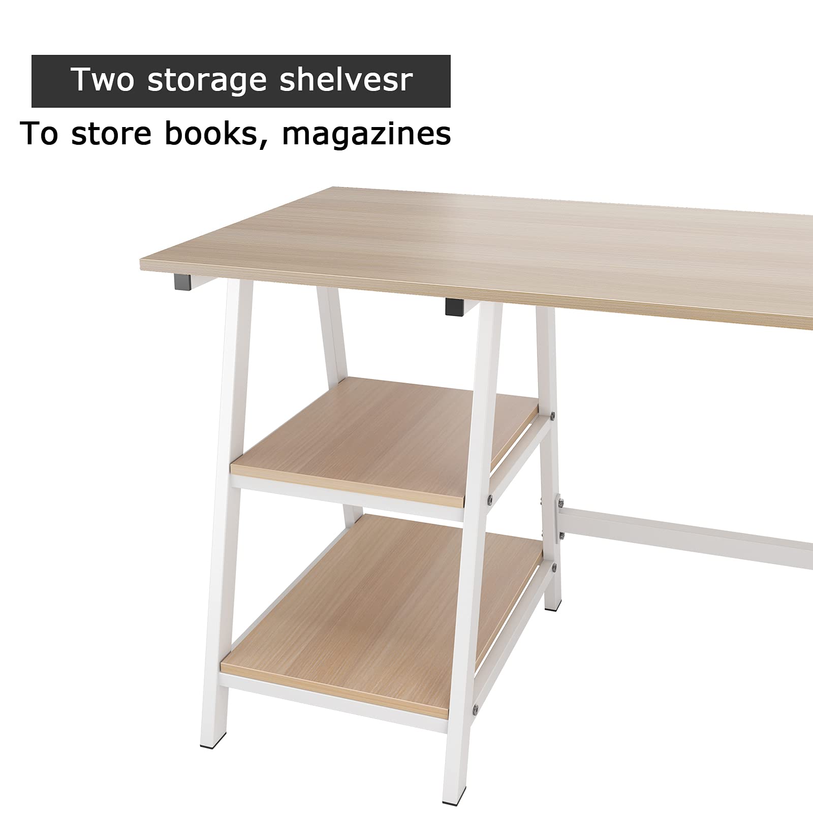 DlandHome 55 Inches Large Computer Desk, Trestle Desk, Home Office Desk/Workstation/Writing Table with Opening Shelves, Maple, TP-140MW