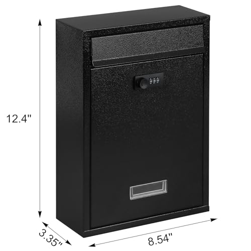 KYODOLED Locking Wall Mount Mailbox,Mail Boxes Outdoor with Combination Lock,Security Key Drop Box,12.4Hx 8.54Lx 3.35W Inches,Black Large