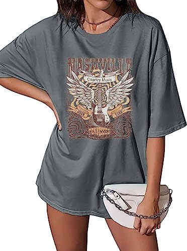 Women's Oversized Country Music Shirts Nashville Concert Outfit Casual Rock Band Tshirt Vintage Graphic Tees Tops Gray