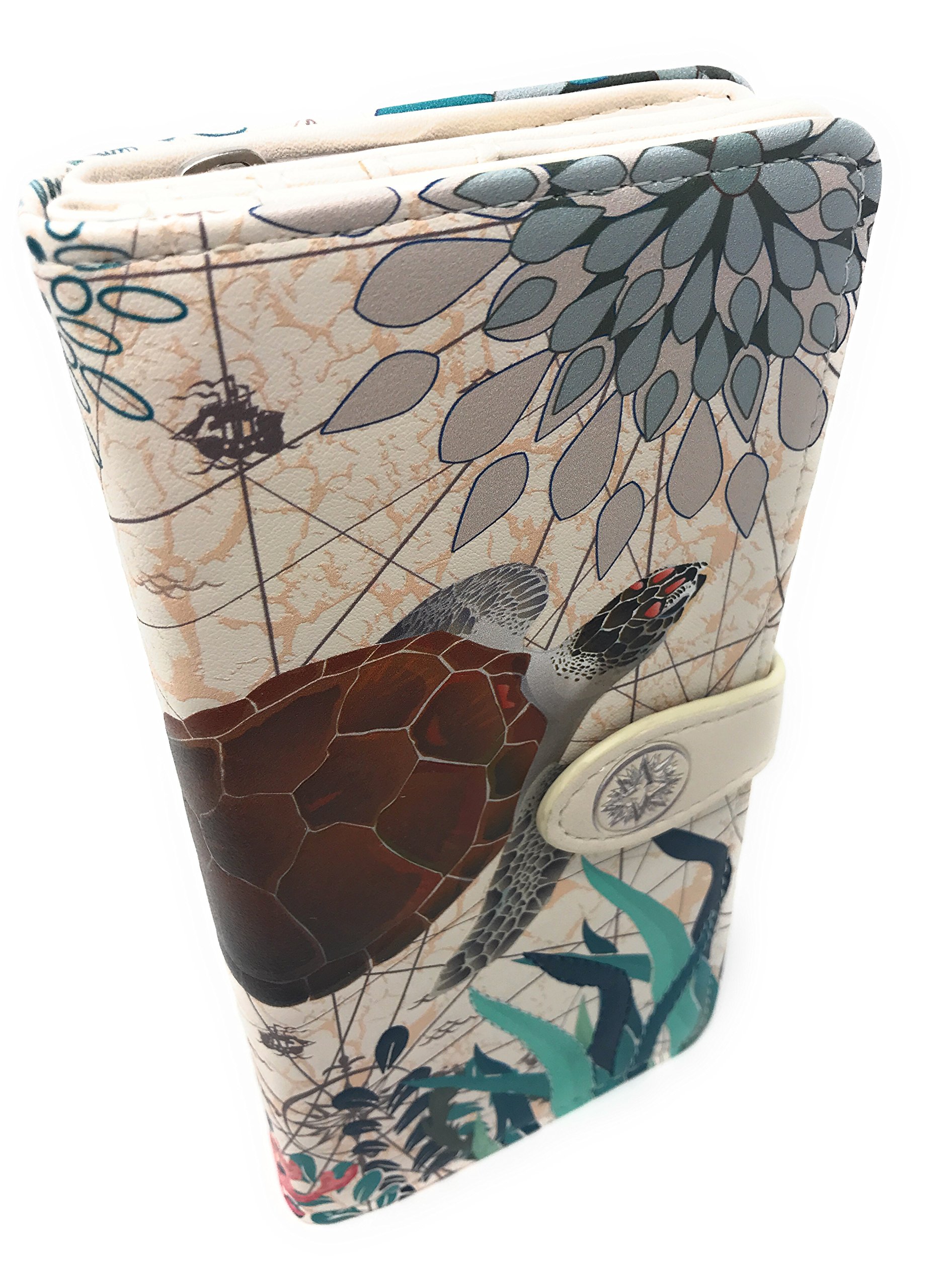 Shag Wear Sea Turtle Large Animal Wallet for Women and Teen Girls Vegan Faux Leather 7" Beige