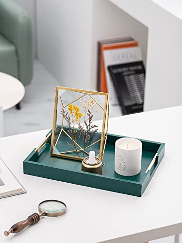 Kanwone Decorative Tray , 13.6"x9.8" Serving Tray, Rectangle Ottoman Tray with Gold Polished Metal Handles, Coffee Table Trays for Living Room Kitchen and Home Decor, Green