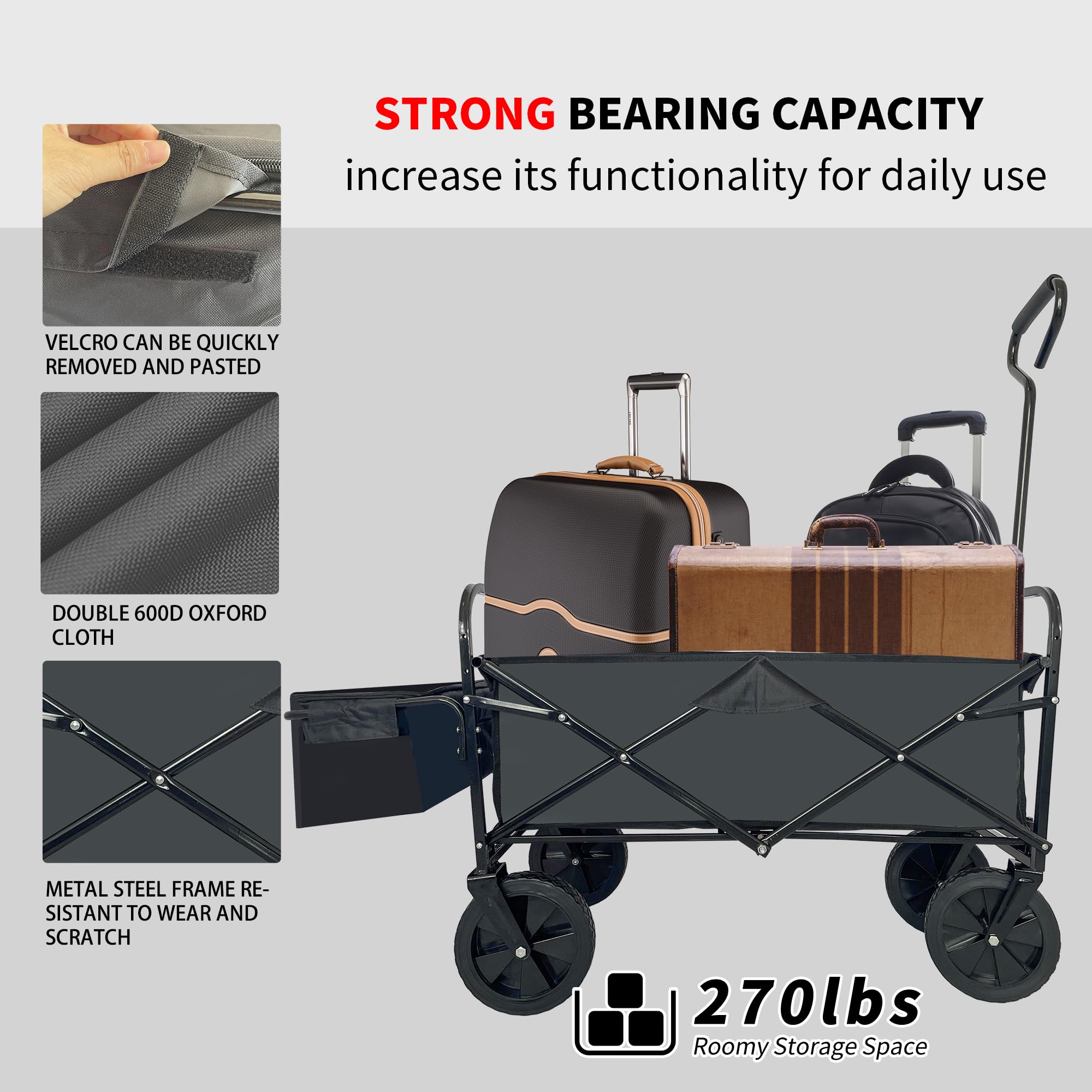 Collapsible Foldable Beach Wagon Carts with 360° Rotating Wheels for All Terrain, Utility Small Heavy Duty Wagon with 270LBS Capacity for Grocery, Sand, Garden, Outdoor, Camping (Antique Black)