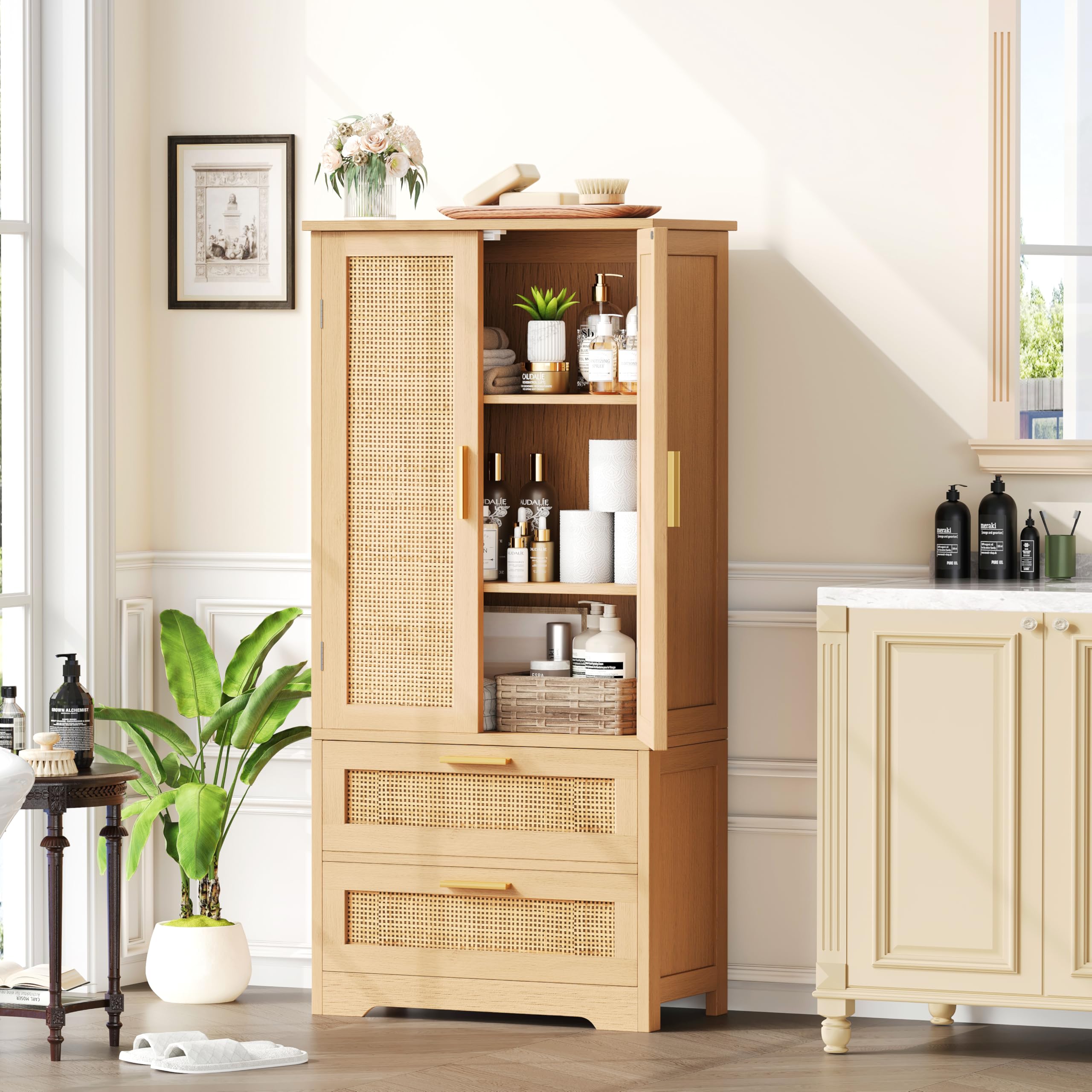 Keehusux 50.4" H Bathroom Storage Cabinet, Modern Floor Cabinet with Adjustable Shelf, Small Pantry with 2 Doors & Drawers, Storage Cabinet for Bathroom, Living Room, Kitchen, Natural KES007MCWG